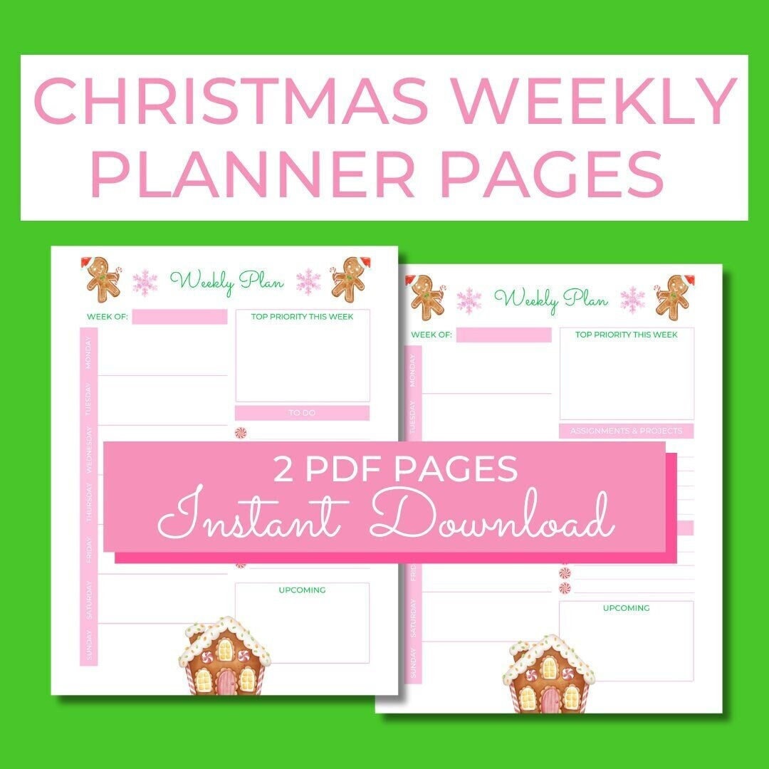 Cute Christmas Weekly Printable Planner, Pink December Weekly Planner ...