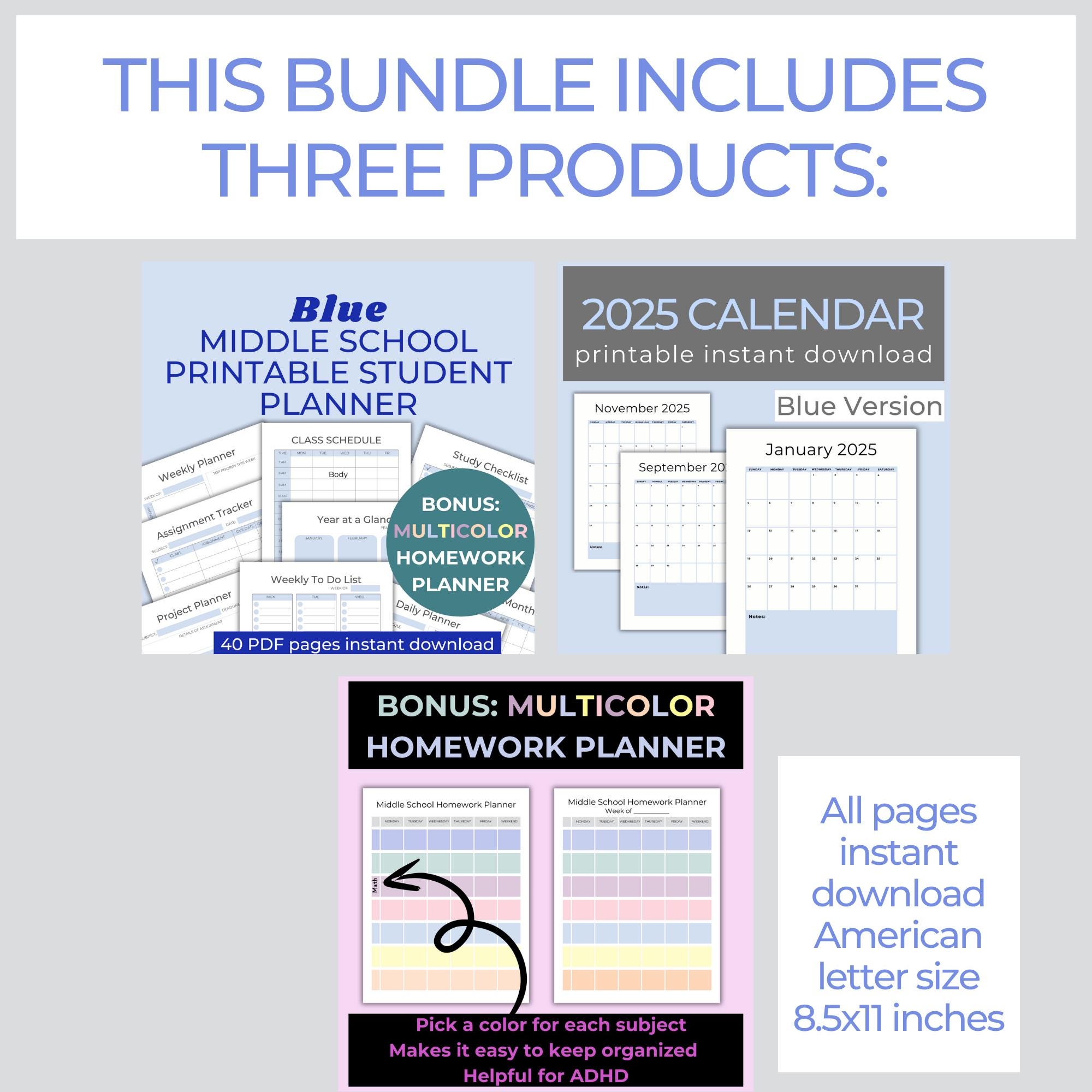 2025 Middle School Planner Printable Academic Planner Calendar, ADHD ...