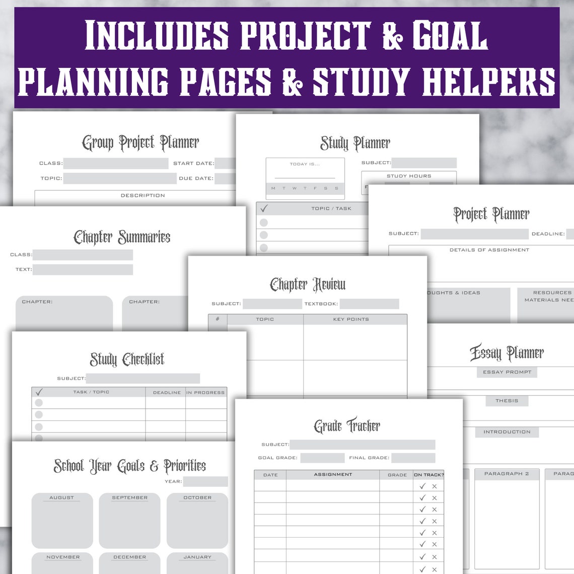 Dark Academia Printable Bundle, Gothic Student Planner Reading Journal ...