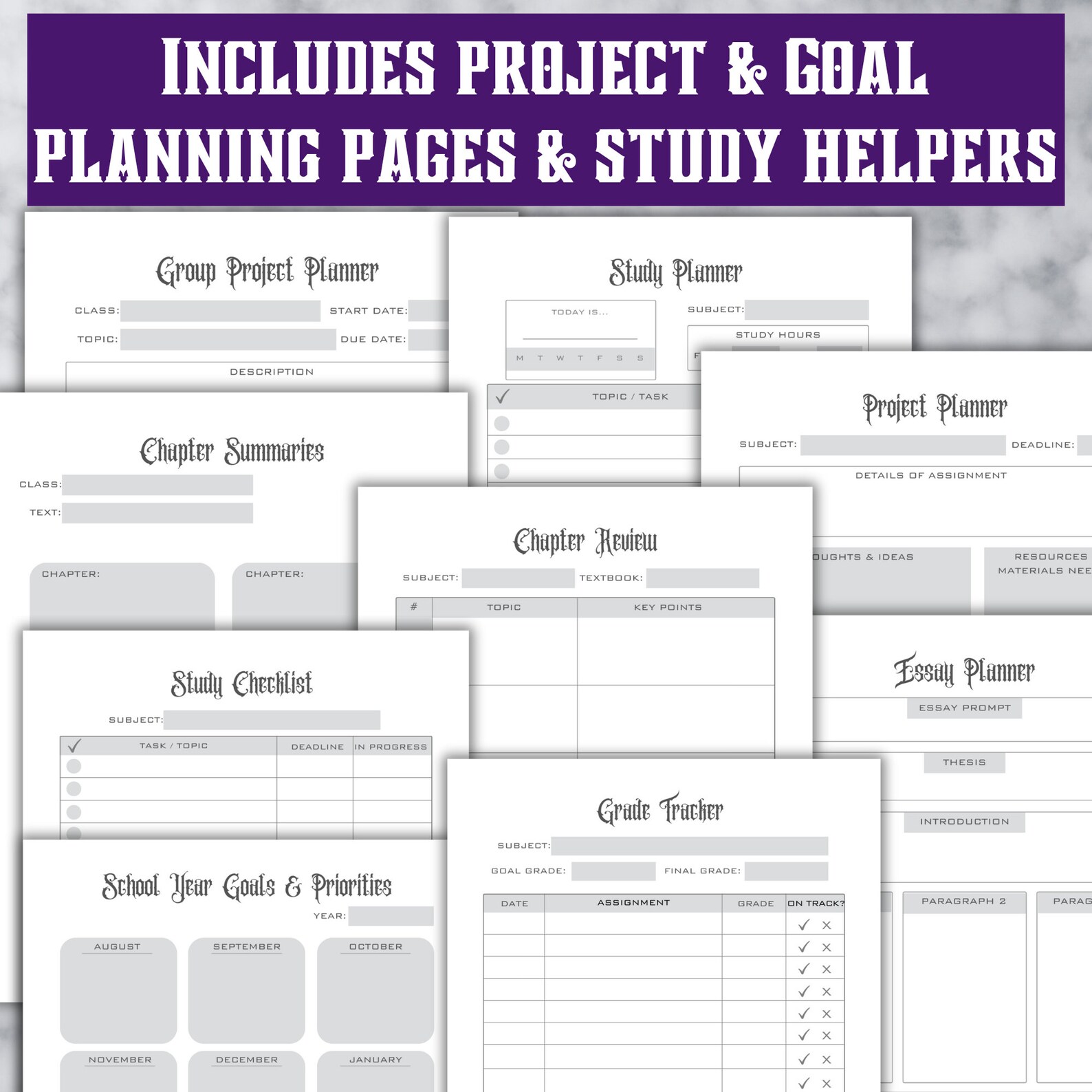 Dark Academia Printable Bundle, Gothic Student Planner Reading Journal ...