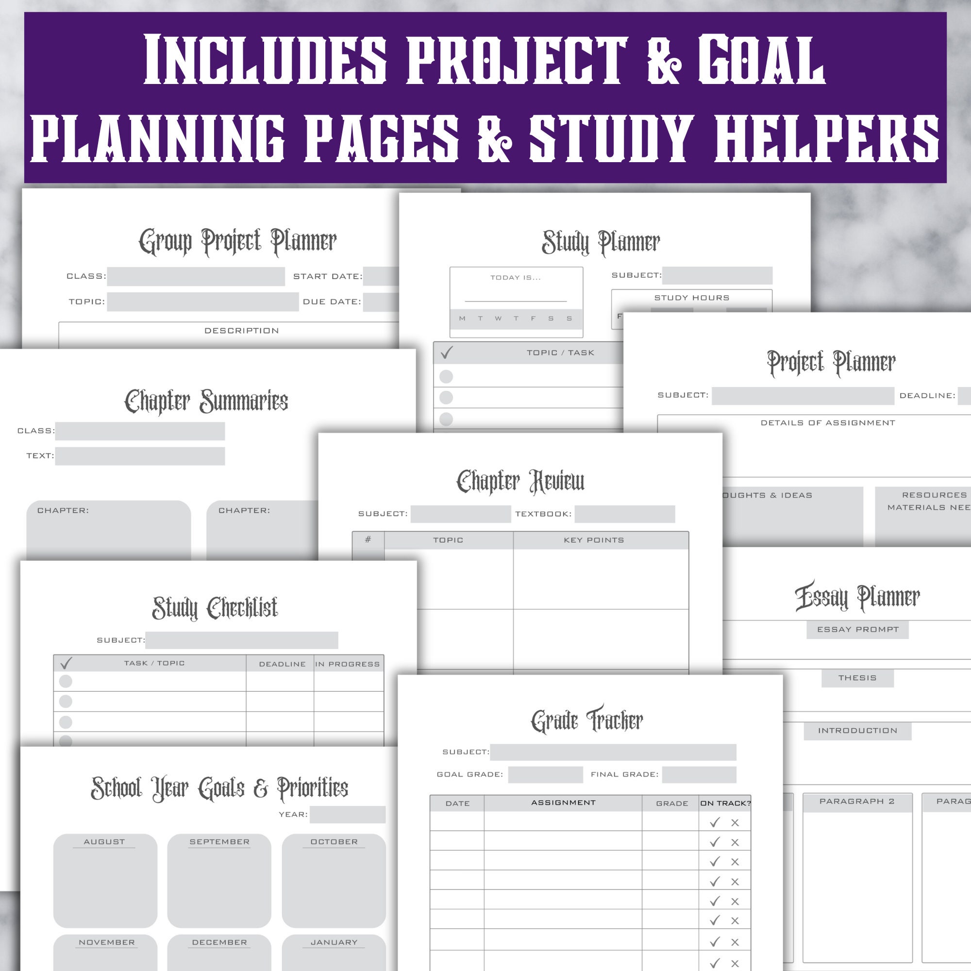 Dark Academia Printable Bundle, Gothic Student Planner Reading Journal ...