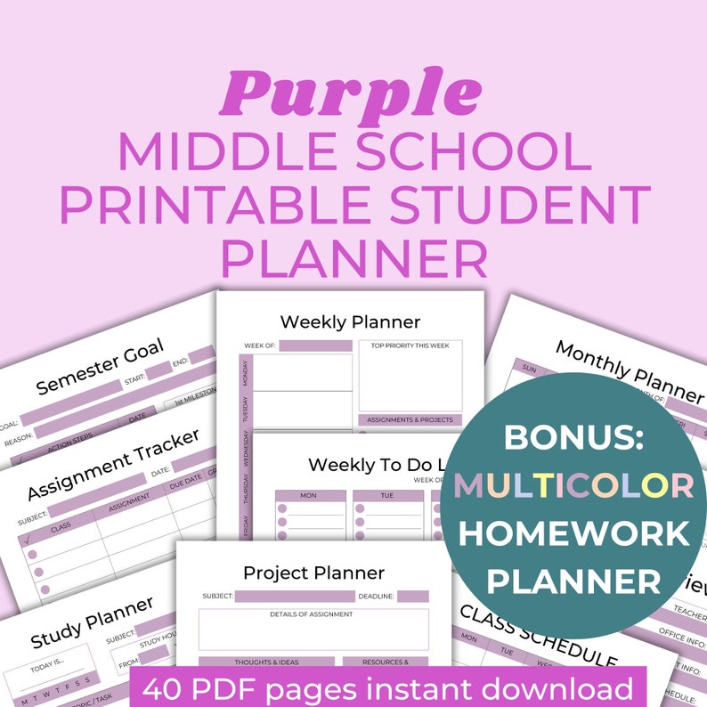 Purple Middle School Student Planner Printable, Pretty Planner Middle ...