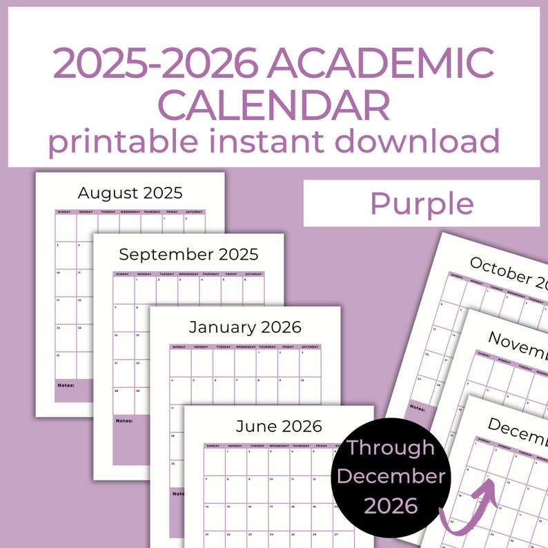 Calendario académico imprimible morado 2025-2026, bonito calendario ...
