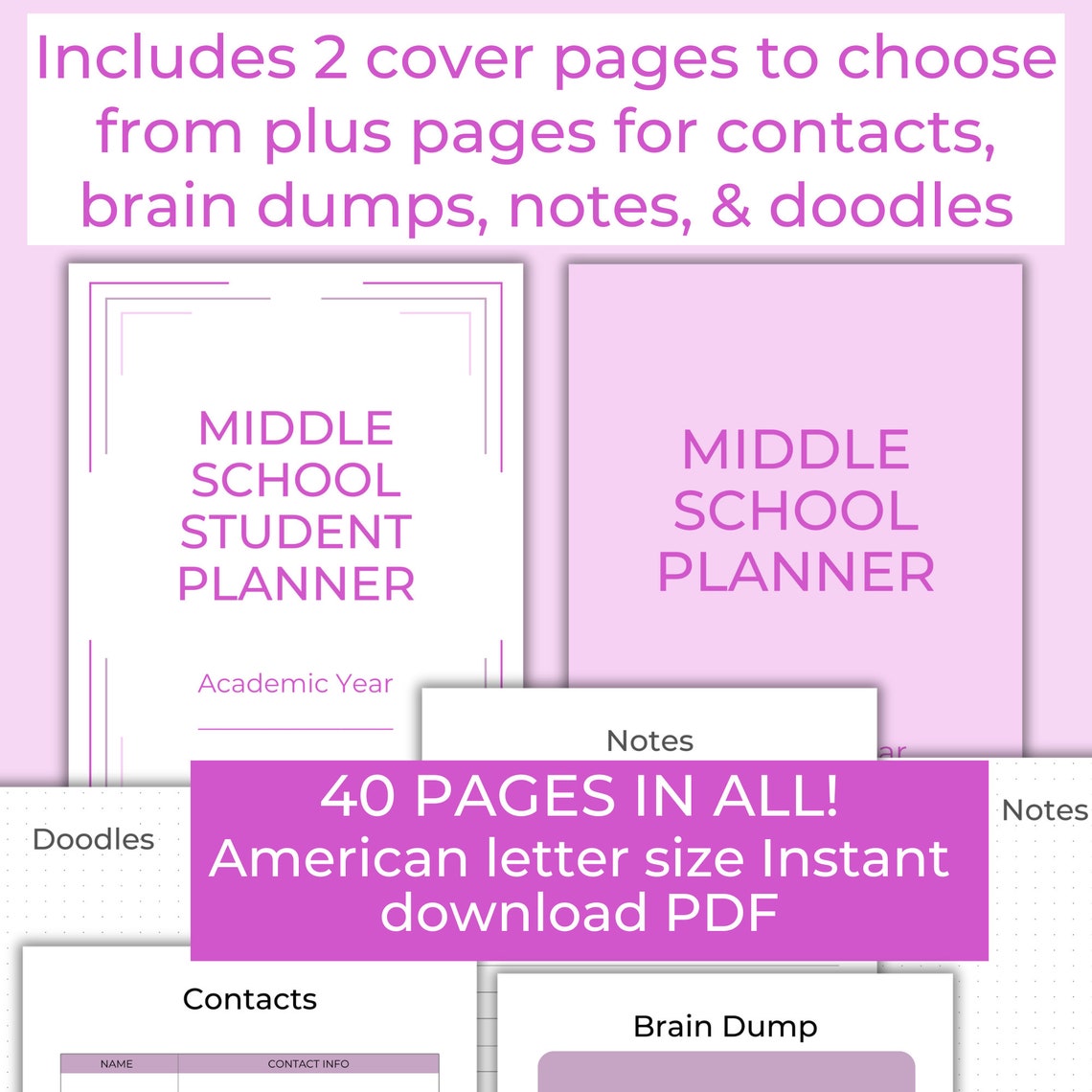 Purple Middle School Student Planner Printable, Pretty Planner Middle ...
