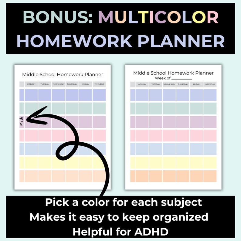 Middle School Student Planner Printable, ADHD Middle School Planner ...