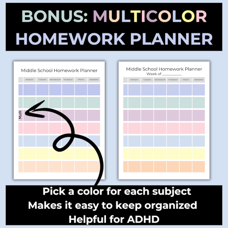 Middle School Student Planner PDF, ADHD Middle School Planner Printable ...