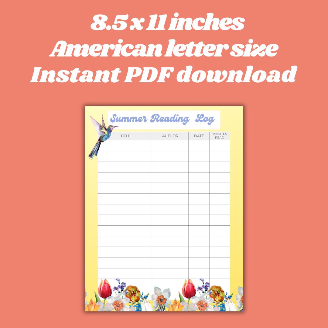 Summer Reading Log Printable, Hummingbird Printable Book Log Download ...