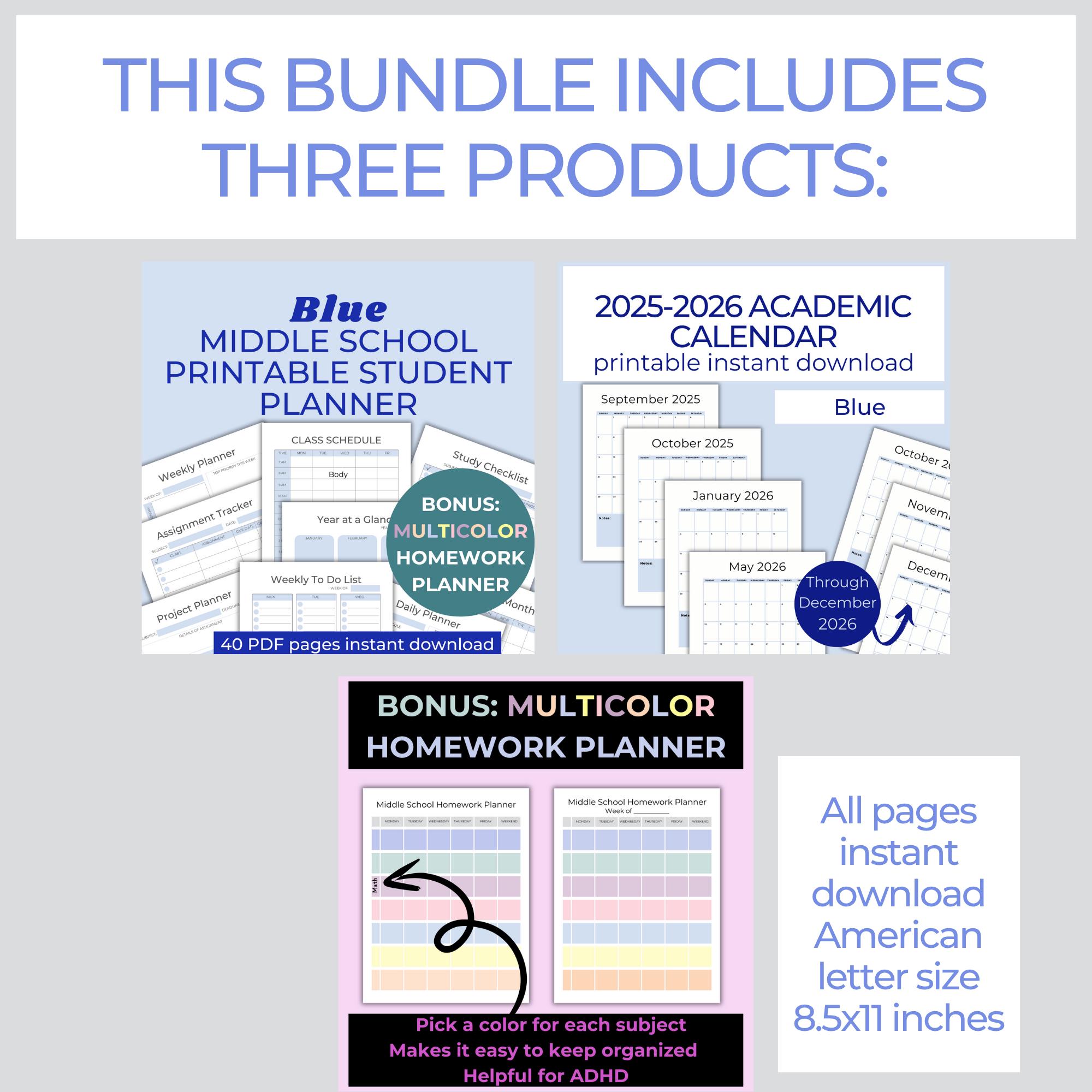 Middle School Planner Printable Bundle, School Calendar 2025-2026 ...