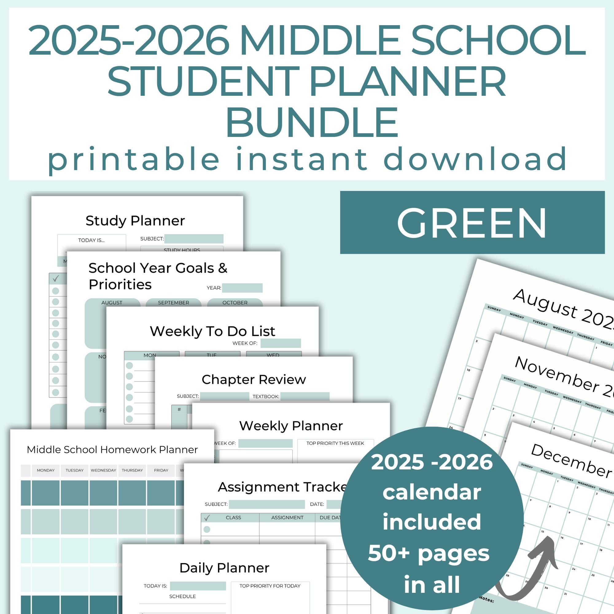 2025-2026 Middle School Planner Printable Green, Student Homework ...