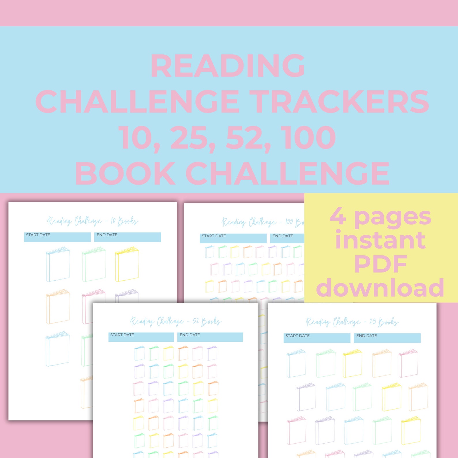 Reading Challenge 10, 25, 52, 100 Book Challenge Planner, 25 Book ...