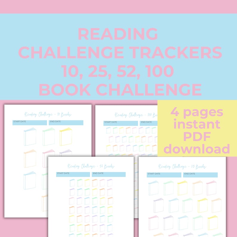 Reading Challenge 10, 25, 52, 100 Book Challenge Planner, 25 Book ...