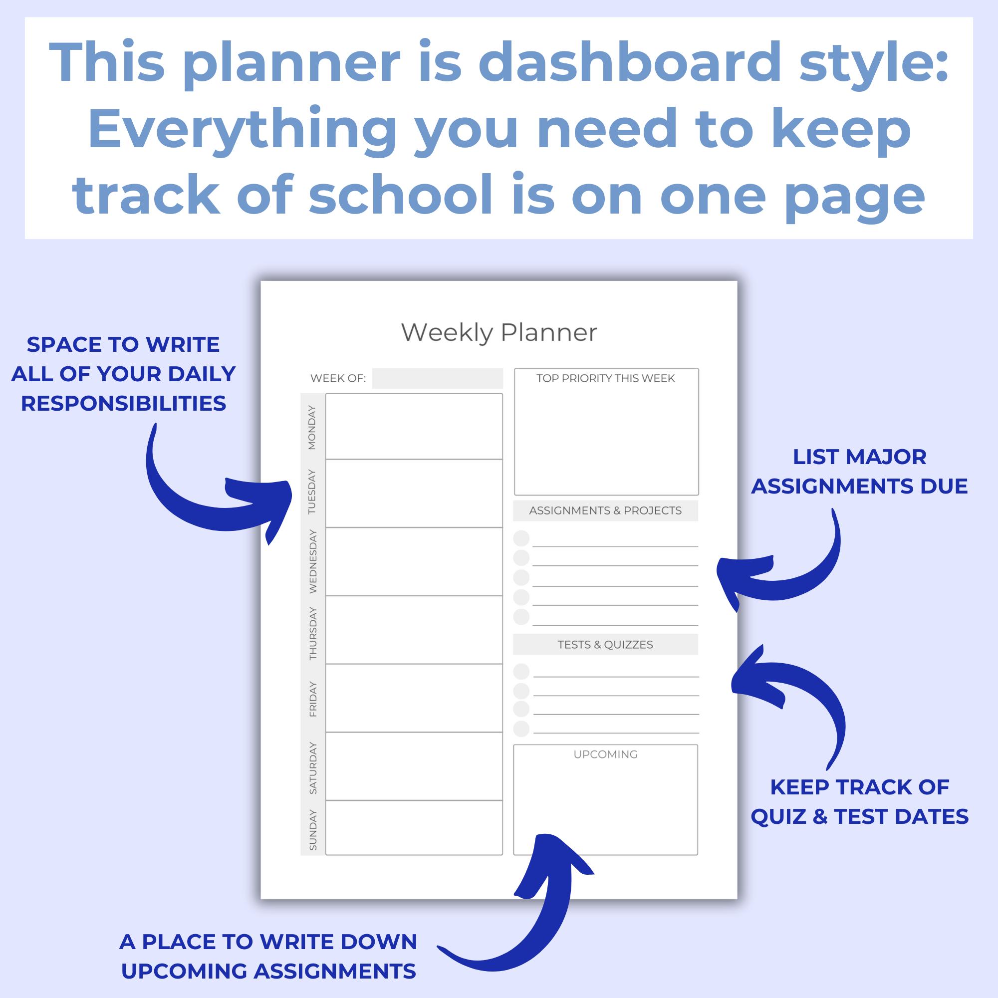 Weekly School Planner Printable Student Planner for Teens, School ...