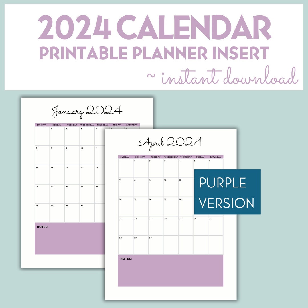 Buy Purple Calendar 2024 Printable, Modern Calendar PDF, Simple ...