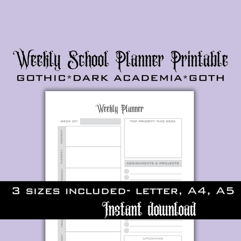 Spooky Printable Weekly School Planner, Printable Goth Planner Student ...