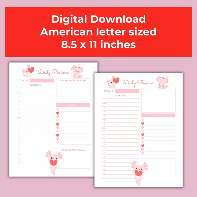 Axolotl Printable Planner Page Bundle, Student Planner Pink Cute Animal ...