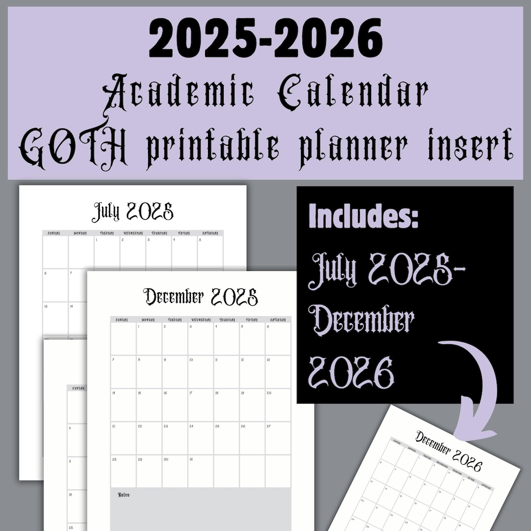 Gothic 2025 2026 Calendar Printable Download, Goth Calendar Planner ...