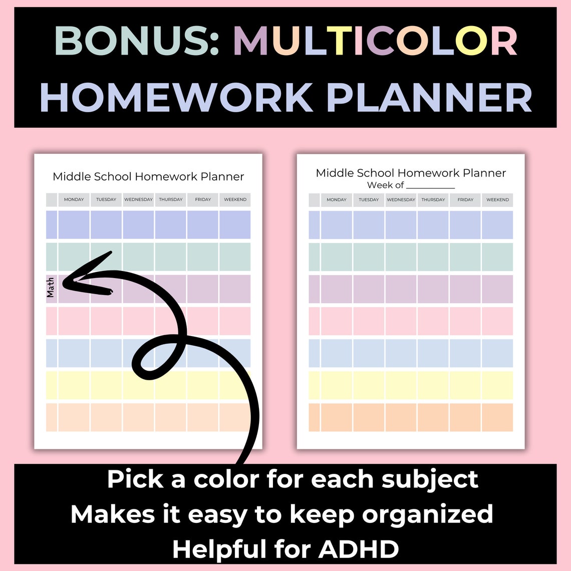 Pink Pretty Printable Middle School Planner, Student Academic Planner ...