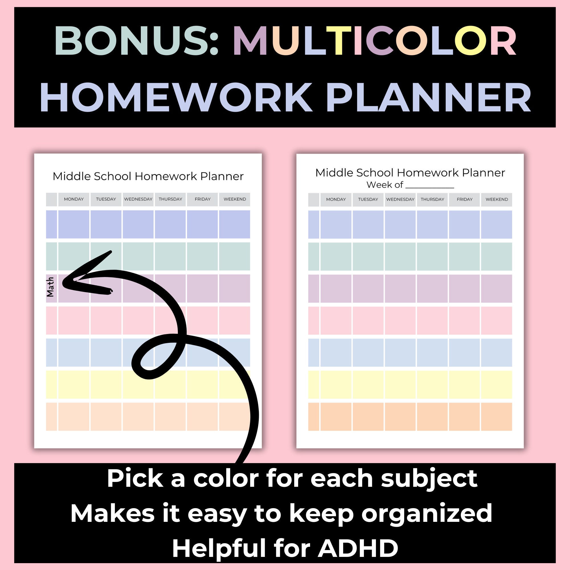 Pink Pretty Printable Middle School Planner, Student Academic Planner ...