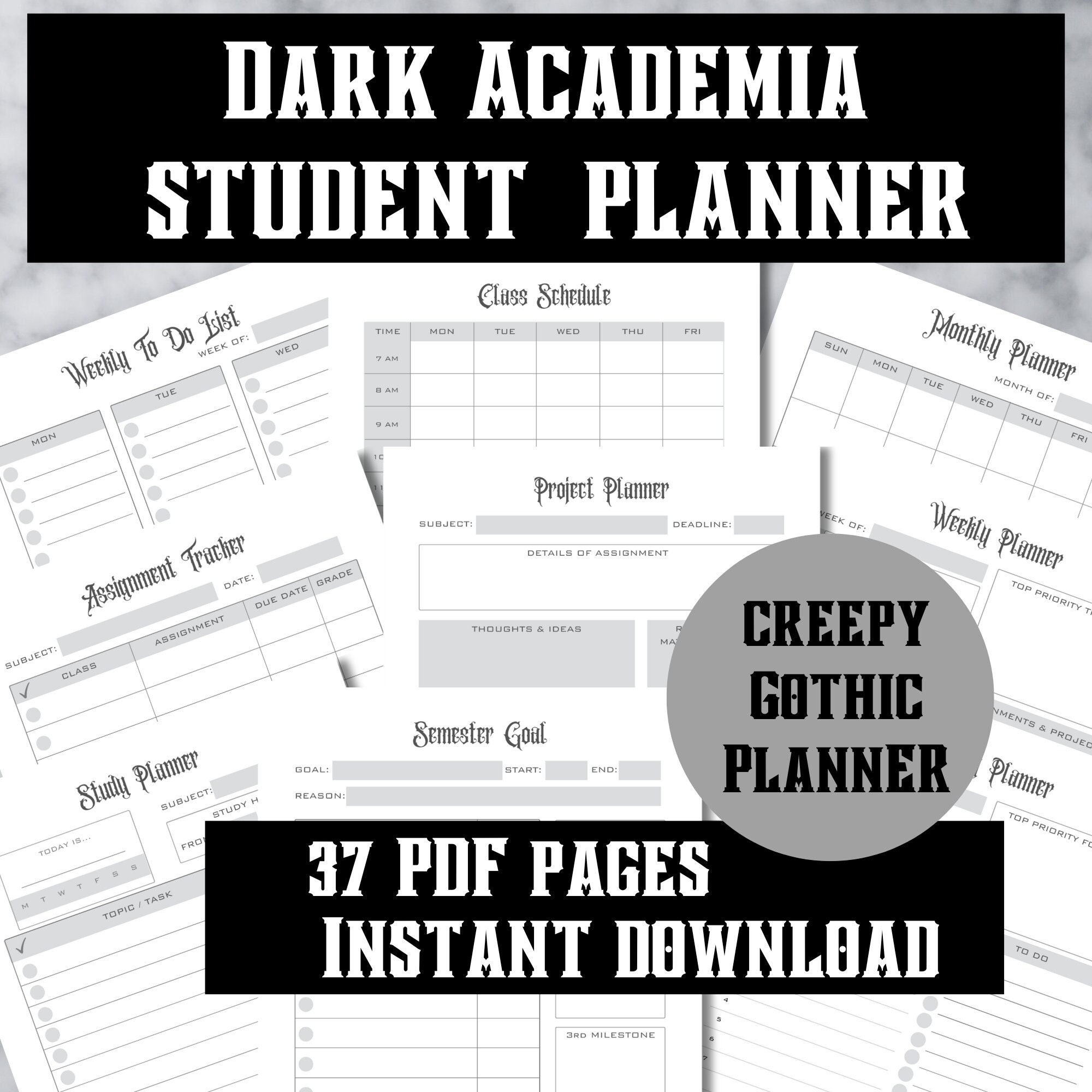 Emo Student Planner Printable, Dark Academia Planner Printables, Gothic ...