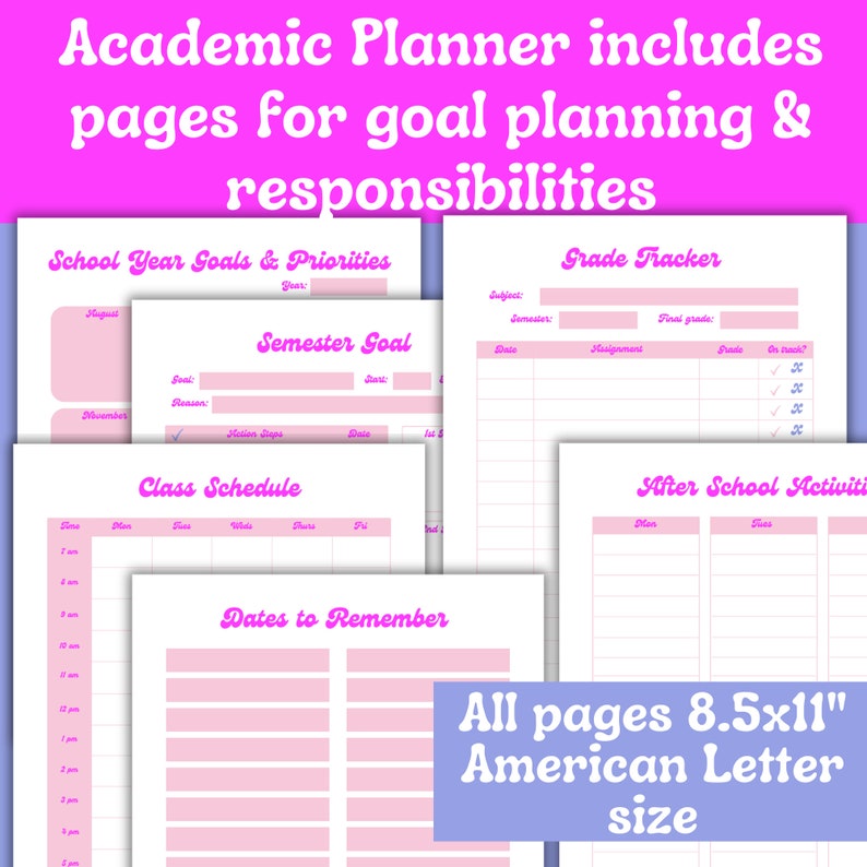 Y2K 90s Student Planner Printable Pink, High School Middle School ...