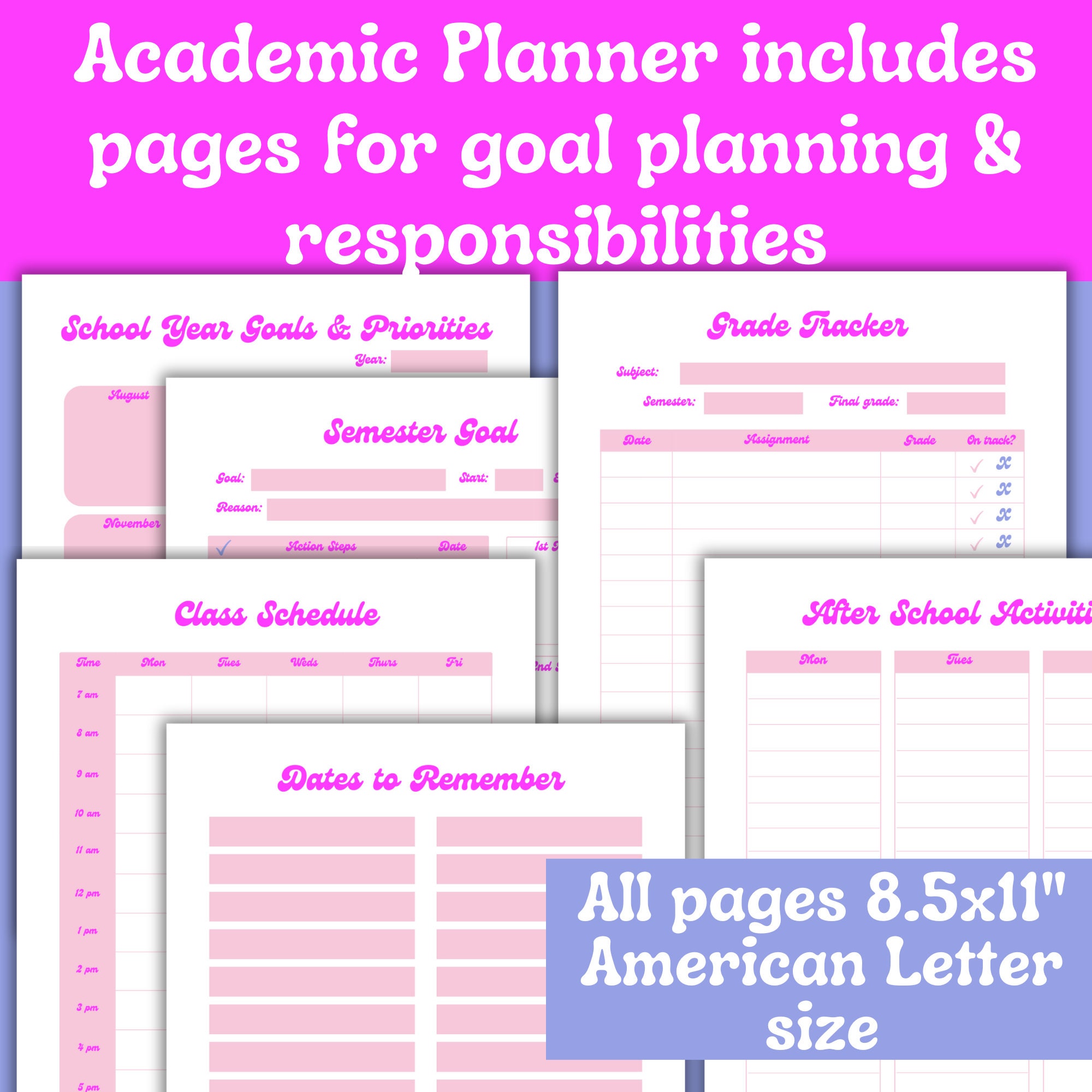 Y2K 90s Student Planner Printable Pink, High School Middle School ...