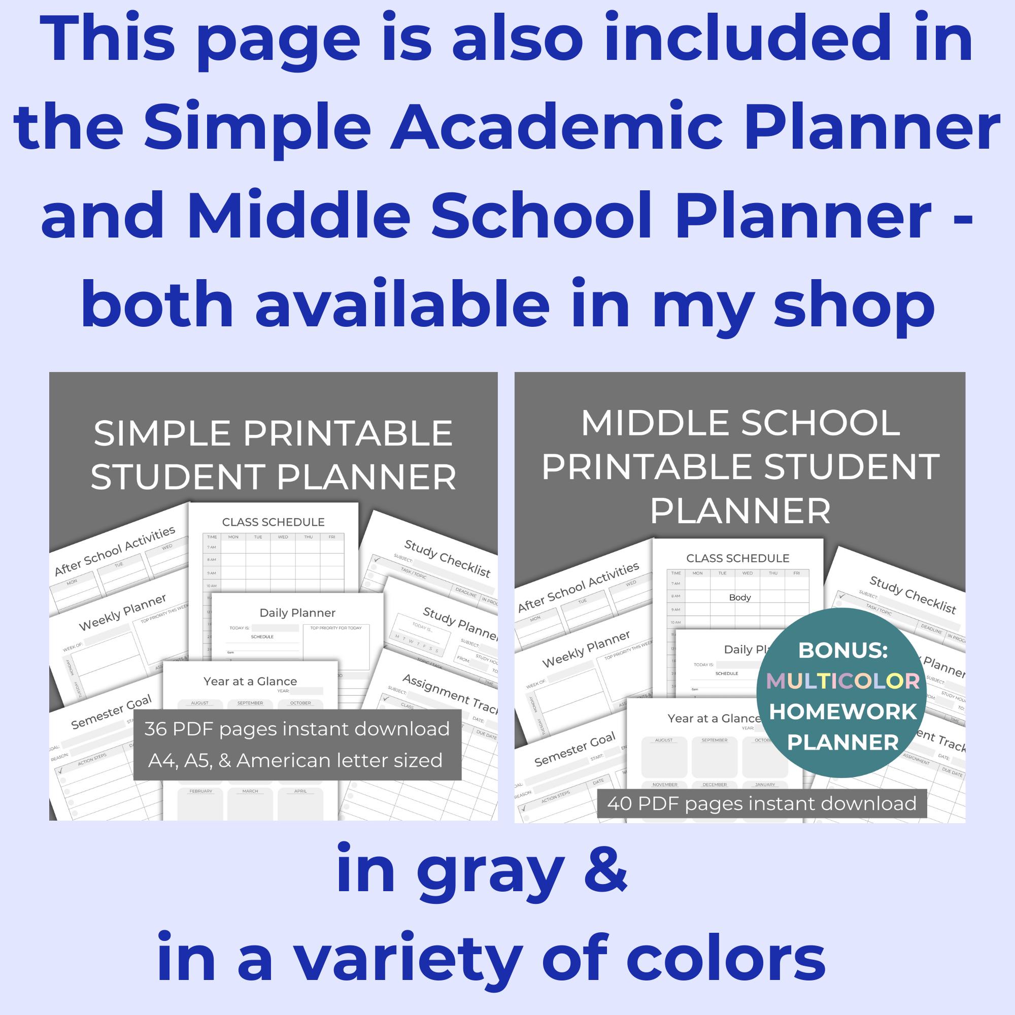 Weekly School Planner Printable Student Planner for Teens, School ...