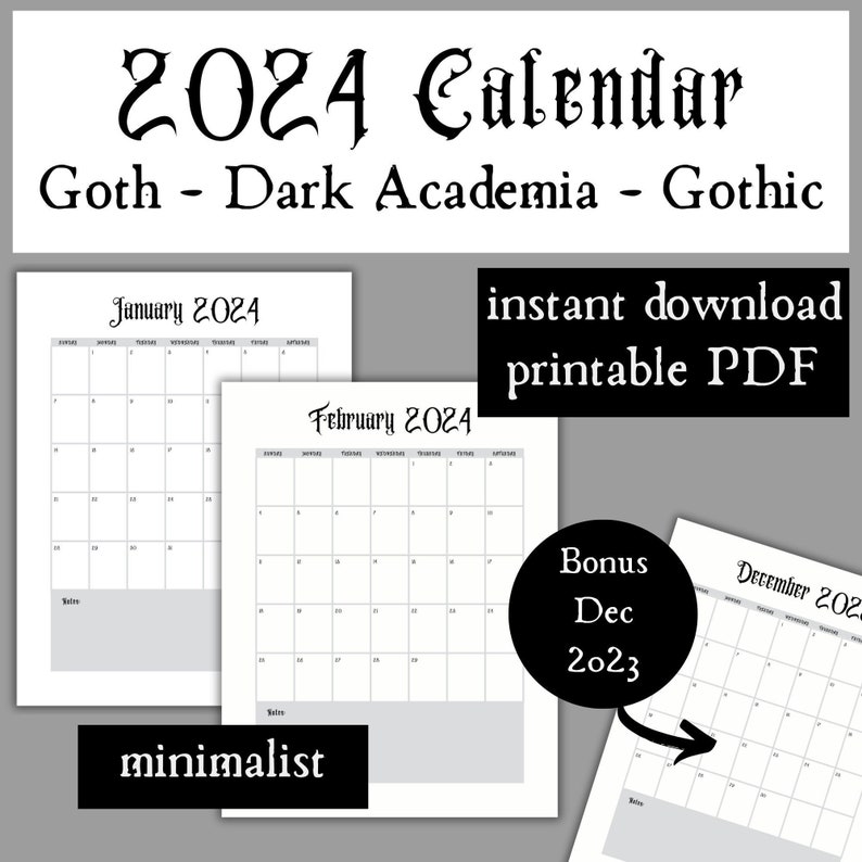 Dark Academia Planner Goth 2024 Calendar Printable Download 2024 ...