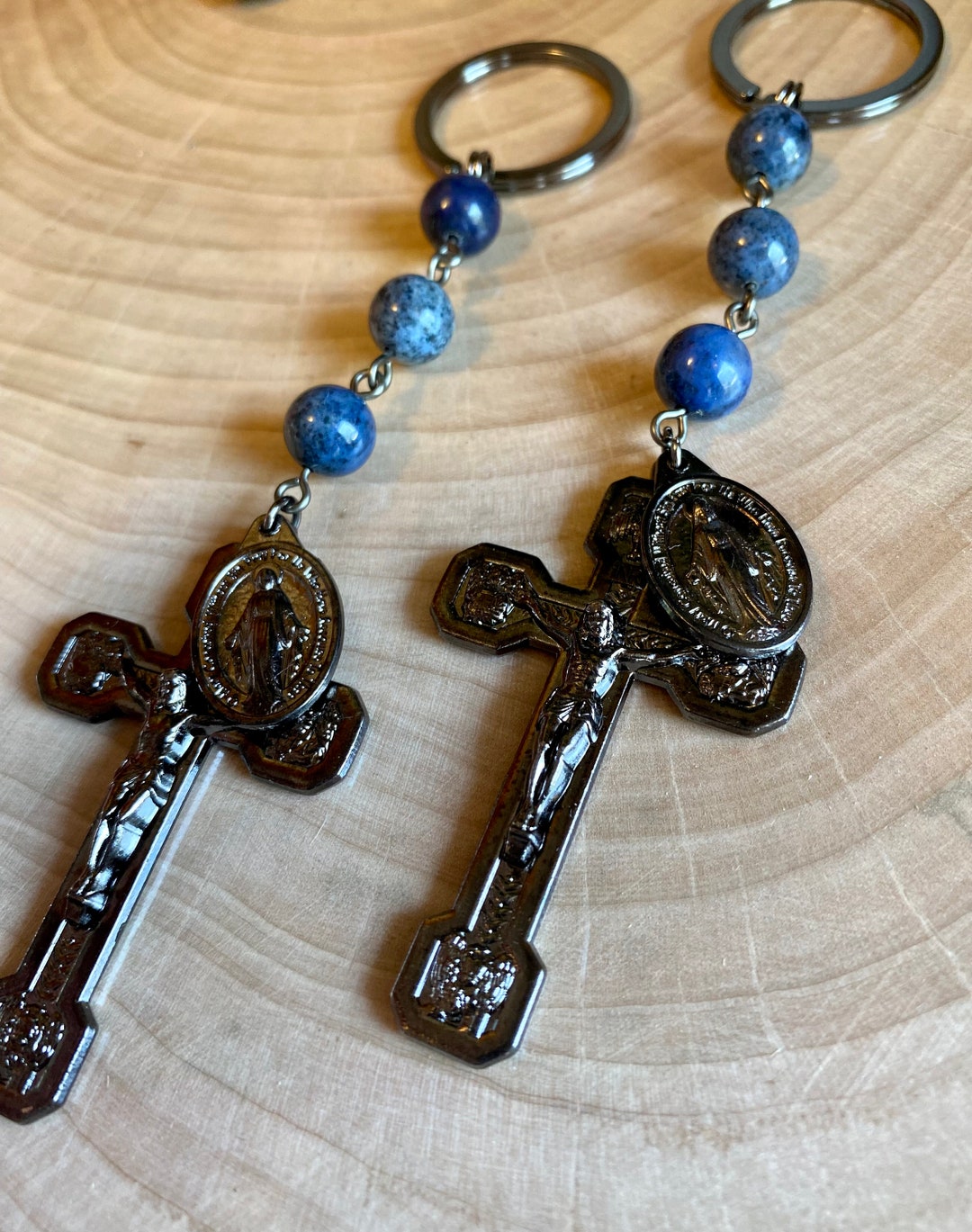 Rosary Keychain - Road Warrior Rosary Keychain - Blue Gemstone ...