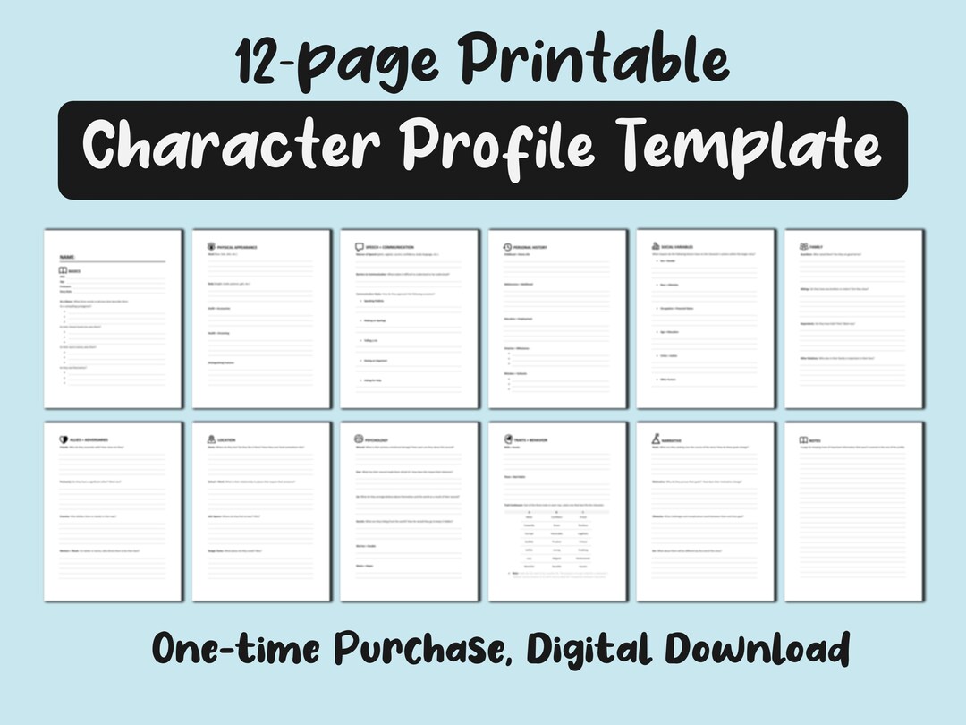 Printable Character Profile Template 12 Pages US Letter PDF Download