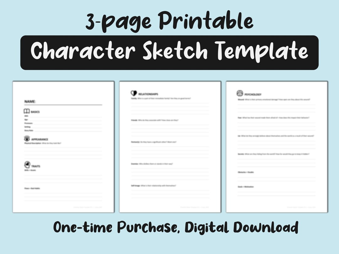 Character Writing Sketch | Character Creation Tool | 3 Pages, US Letter ...