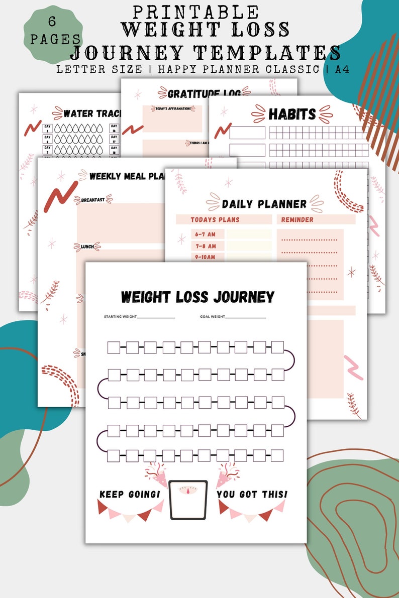 6 Pg Weight Loss Tracker Bundle, Weekly Meal Planner Printable, Daily ...