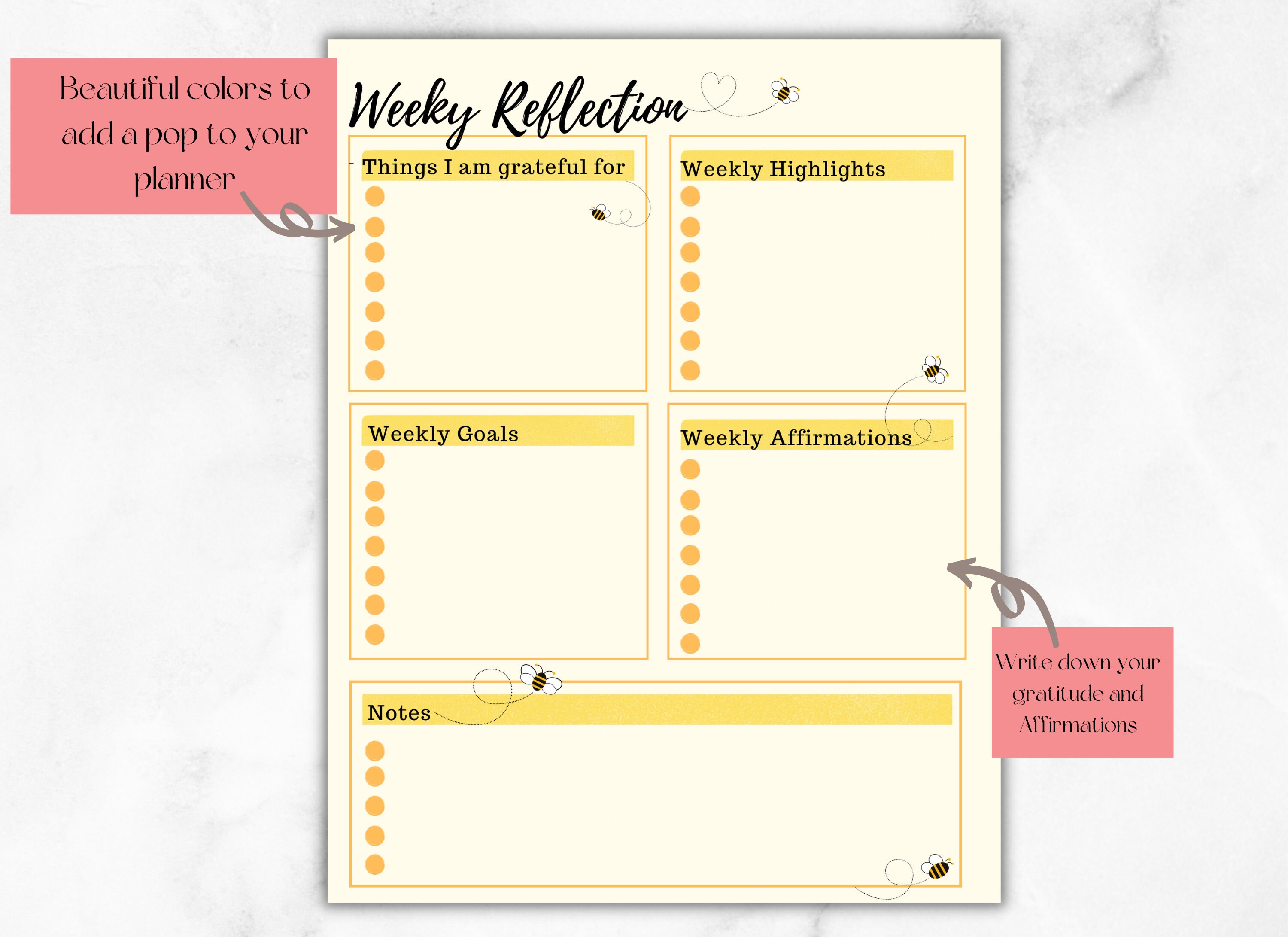Bee Themed Weekly Planner Printable, Cleaning Schedule, Week Reflection ...