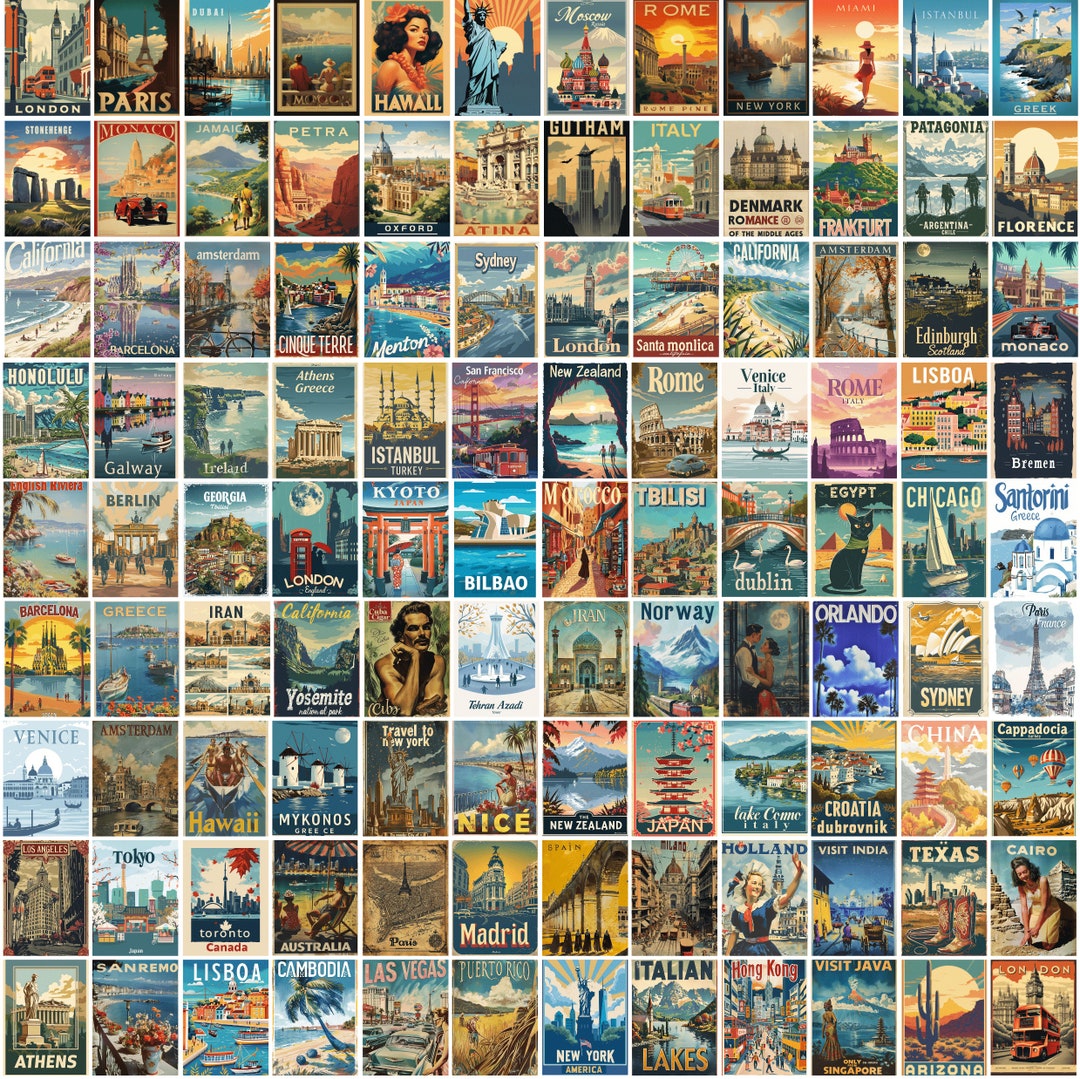 600pcs Travel Poster | Vintage Travel Wall Art | Retro Aesthetic | Travel Wall Prints | Travel ...