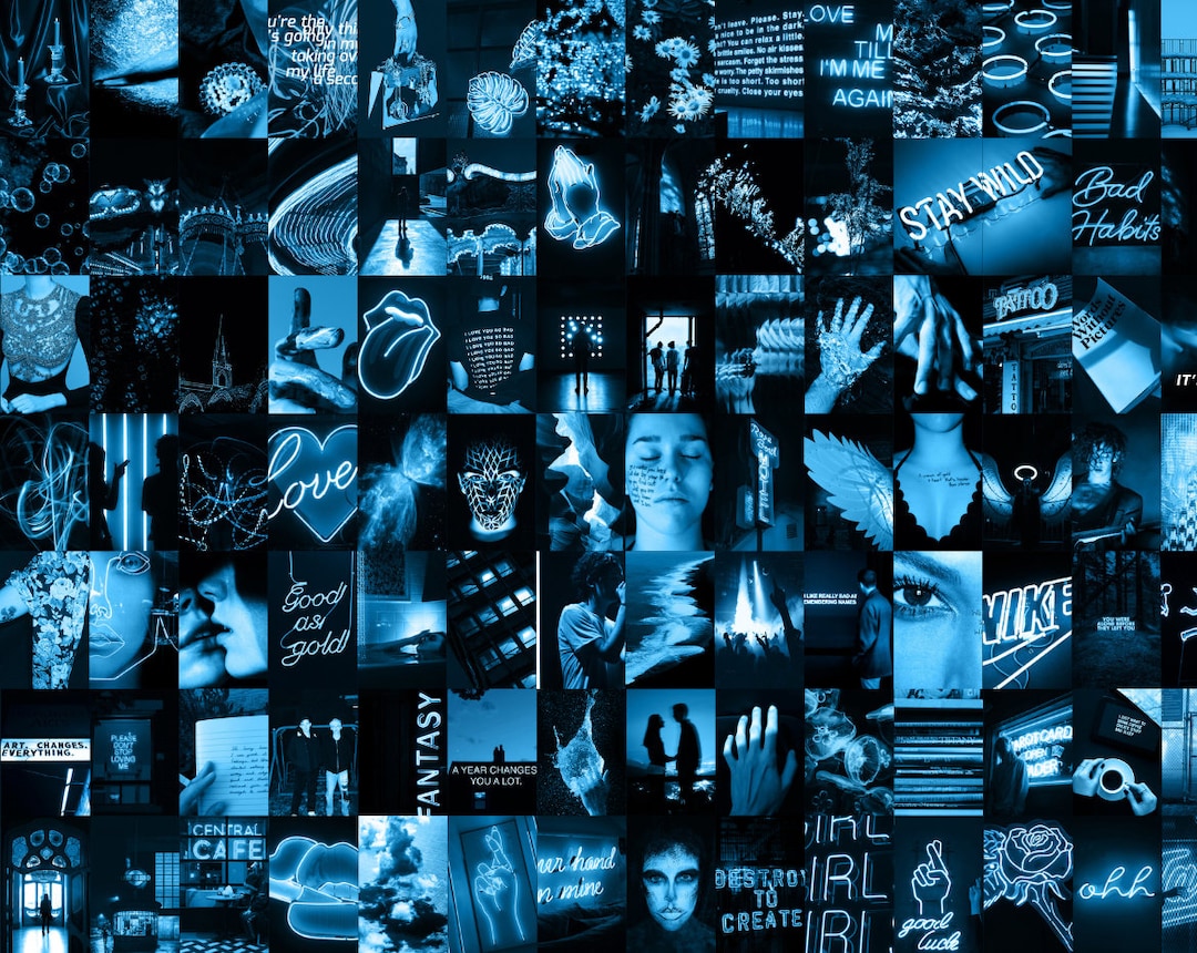 100 PCS | Euphoria Blue Wall Collage Kit | Blue Neon Aesthetic Photo ...