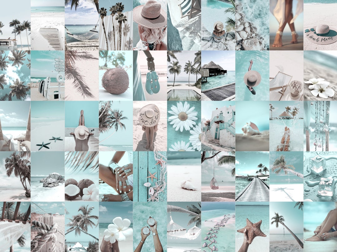 150pcs Beach Blue Aesthetic Wall Collage, Beach Wall Art, Blue Boho ...