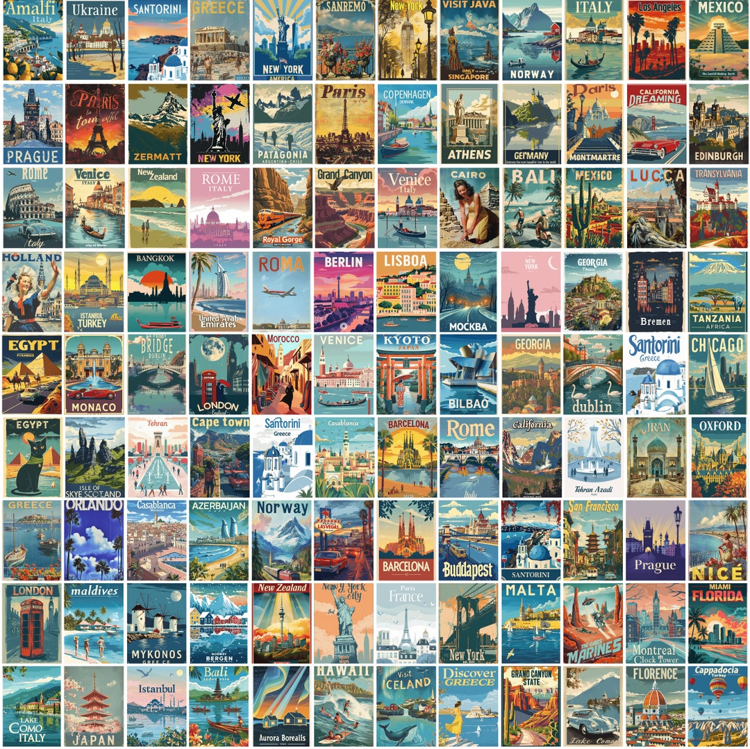 350pcs Travel Poster Retro Aesthetic Vintage Travel Wall Art Aesthetic Wall Collage Travel Wall ...