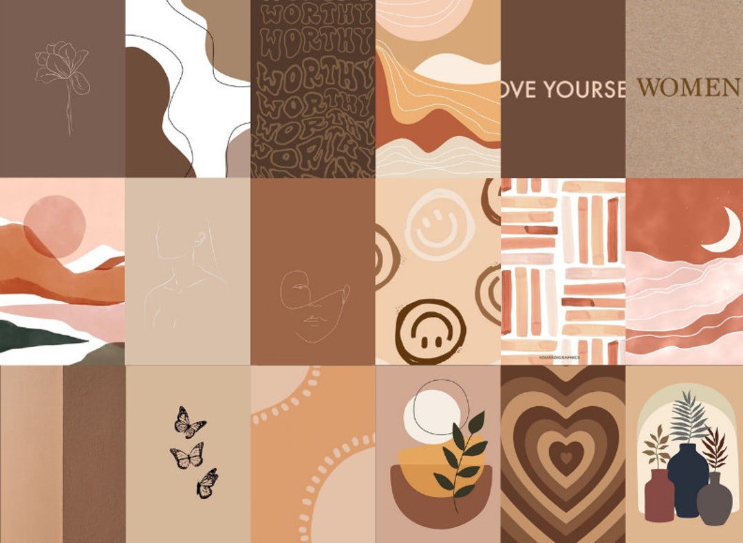 100pcs Boho Aesthetic Wall Collage Kit, Neutral Botanical Decor, Desert ...