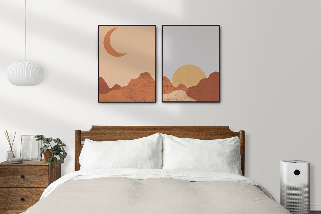 Sun and Moon Abstract Landscape Art, Boho Desert Sunset Printable ...