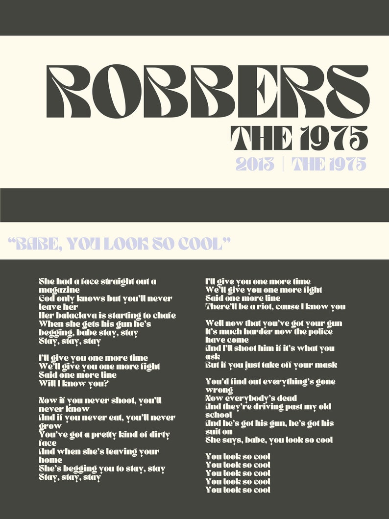 Robbers by the 1975 - Music Poster | Song Lyric Wall Art, Digital Print ...