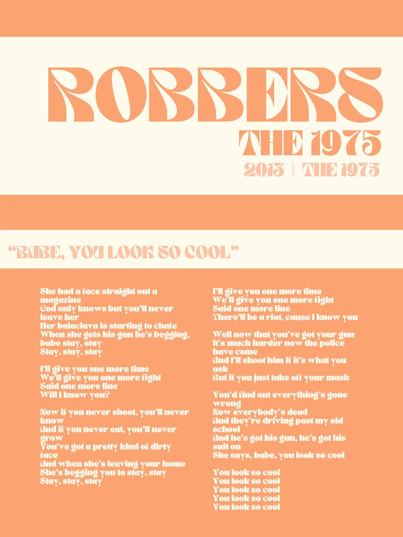 Robbers by the 1975 - Music Poster | Song Lyric Wall Art, Digital Print ...
