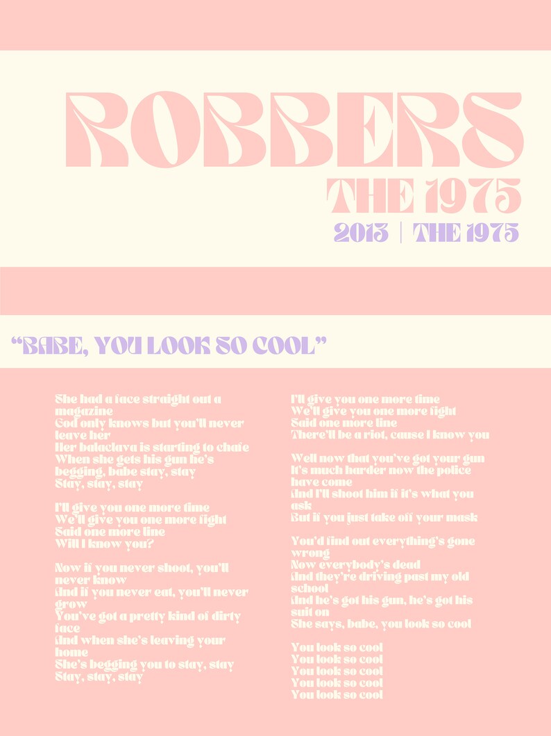 Robbers by the 1975 - Music Poster | Song Lyric Wall Art, Digital Print ...