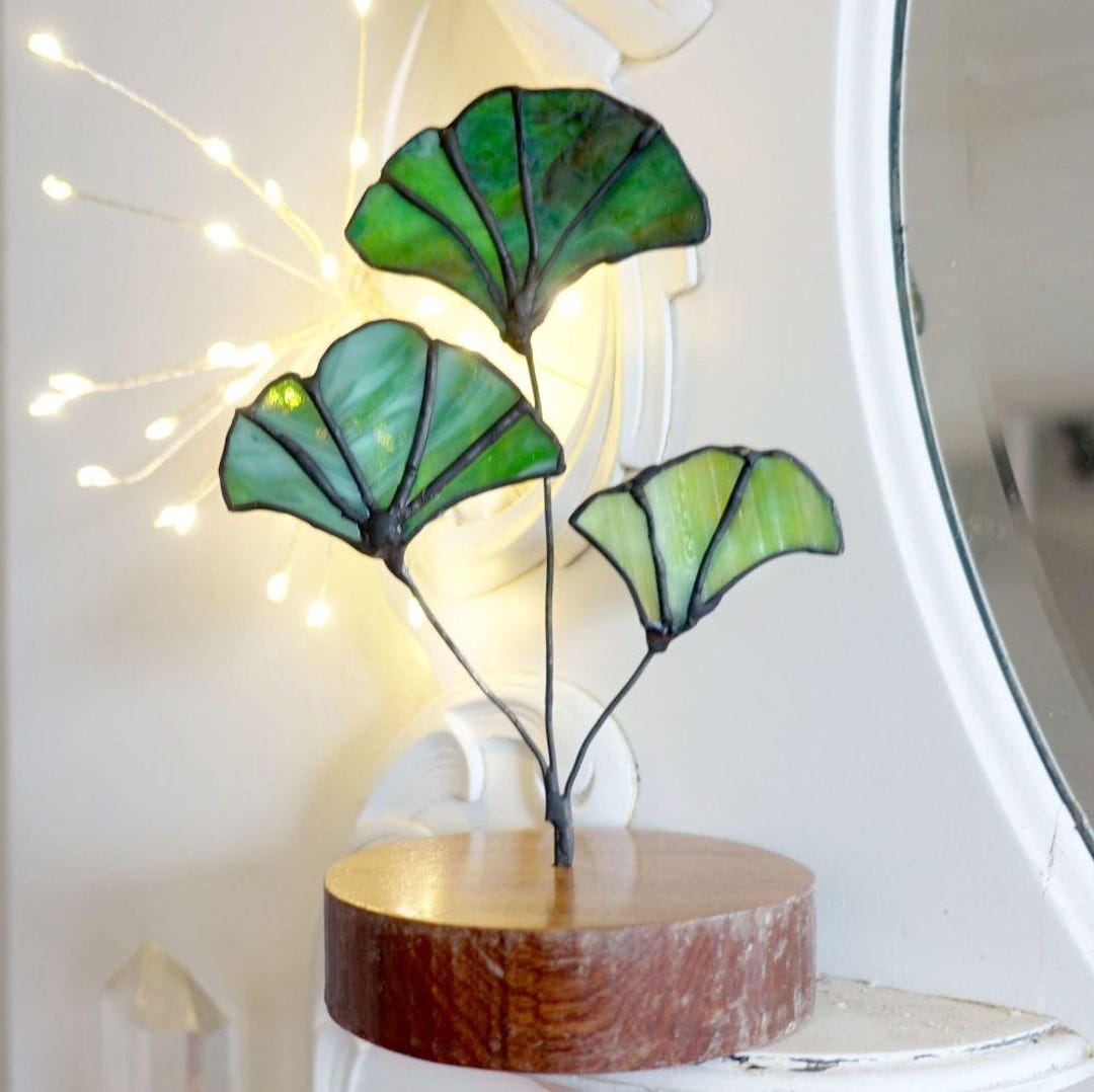 Stained Glass Ginkgo Leaf Ornament on Wooden Stand, Ginkgo Leaf Stained ...