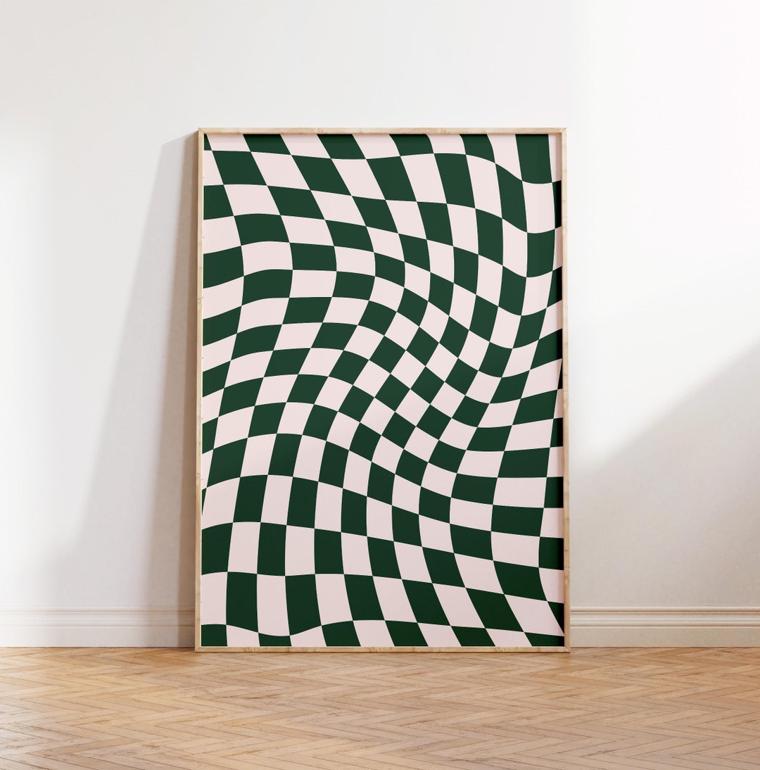 Wavy Retro Checkerboard Pattern Wall Art, Retro Green Aesthetic Digital ...