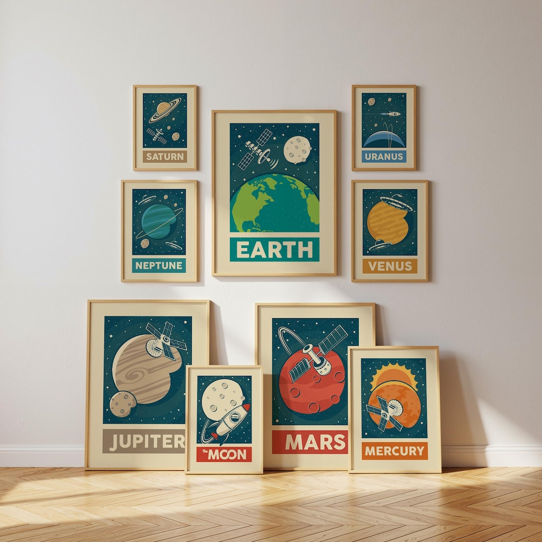 Retro Solar System Planet Wall Print Set of 9, Space Wall Print ...