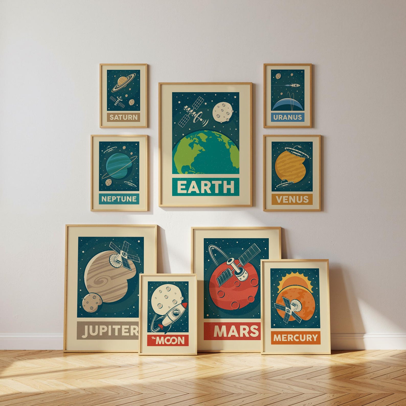 Retro Solar System Planet Wall Print Set of 9, Space Wall Print ...