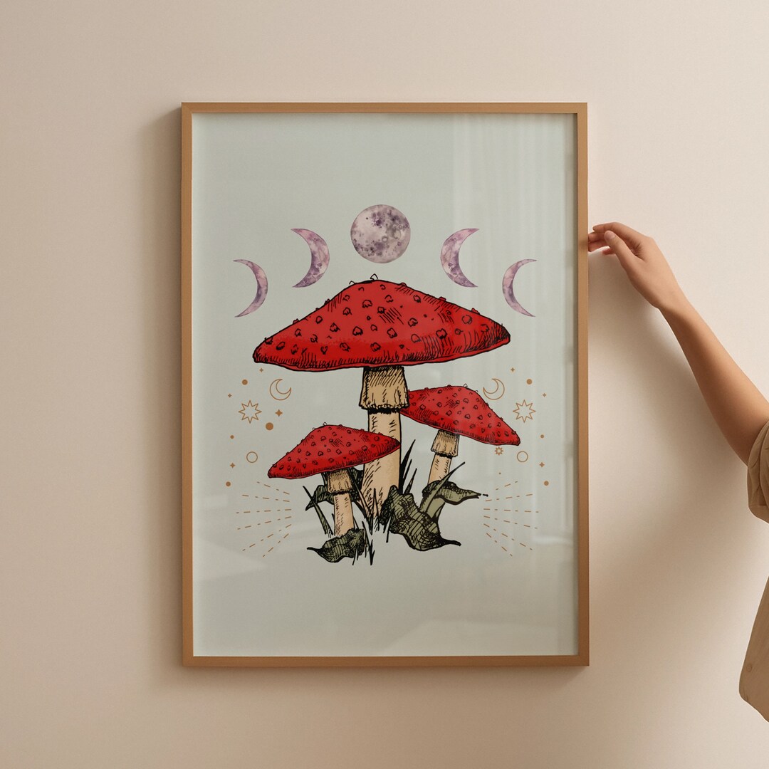 Celestial Moon Phase Wall Art Print, Groovy Print, Mushroom Print ...