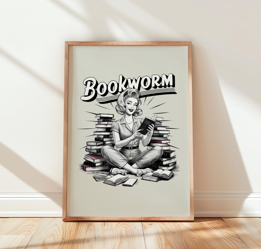 Retro Bookworm Print, Vintage Wall Art, Book Poster, Dorm Room Decor ...