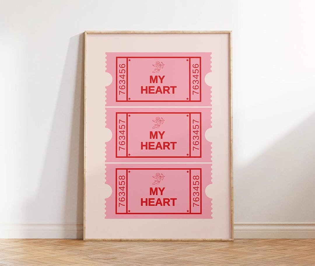 My Heart Ticket Print, Valentines Day Poster, Pink & Red Wall Art ...