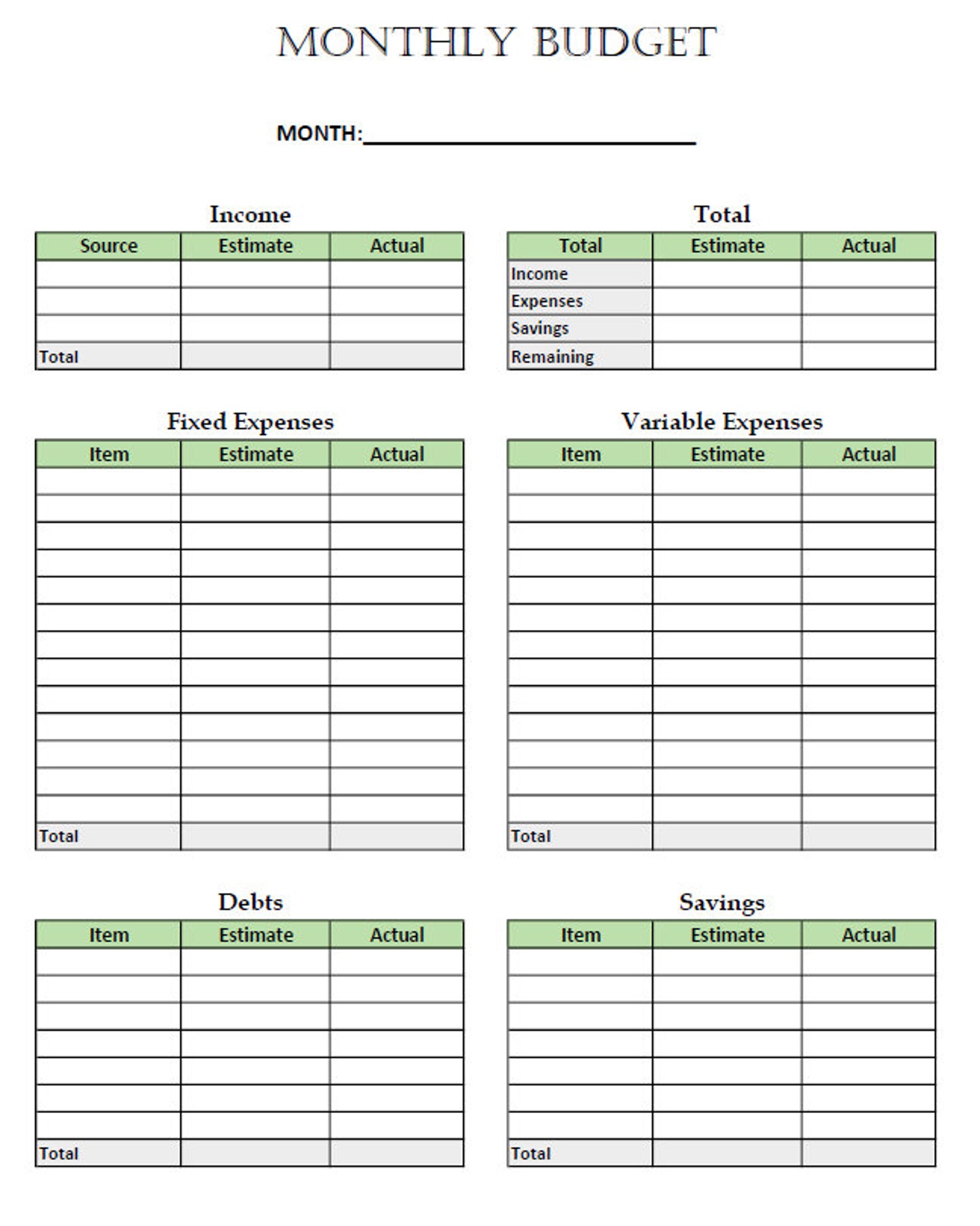 Monthly Budget Overview Printable | Green Color | Income and Expense ...