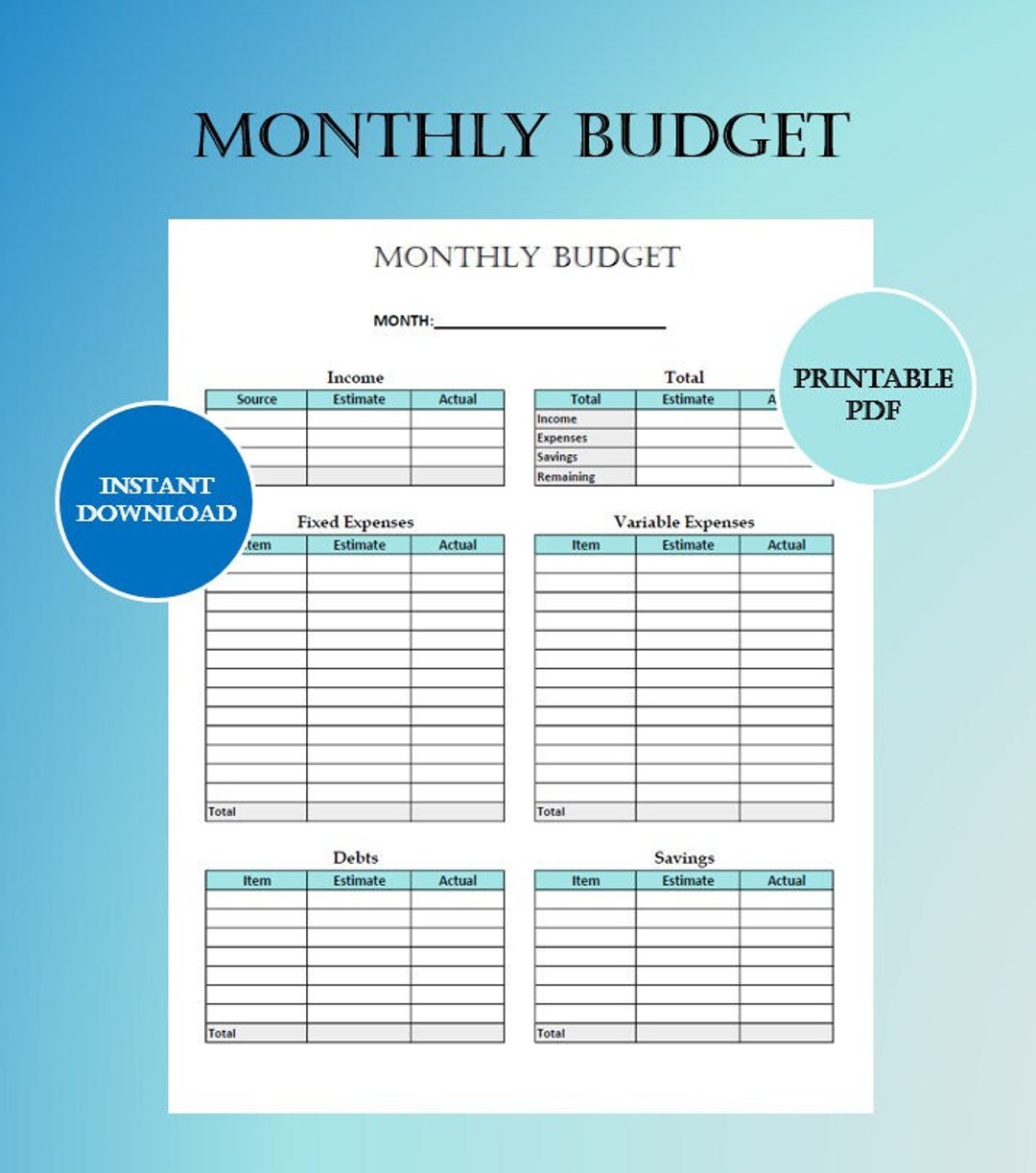 Monthly Budget Overview Printable | Blue Color | Income and Expense ...